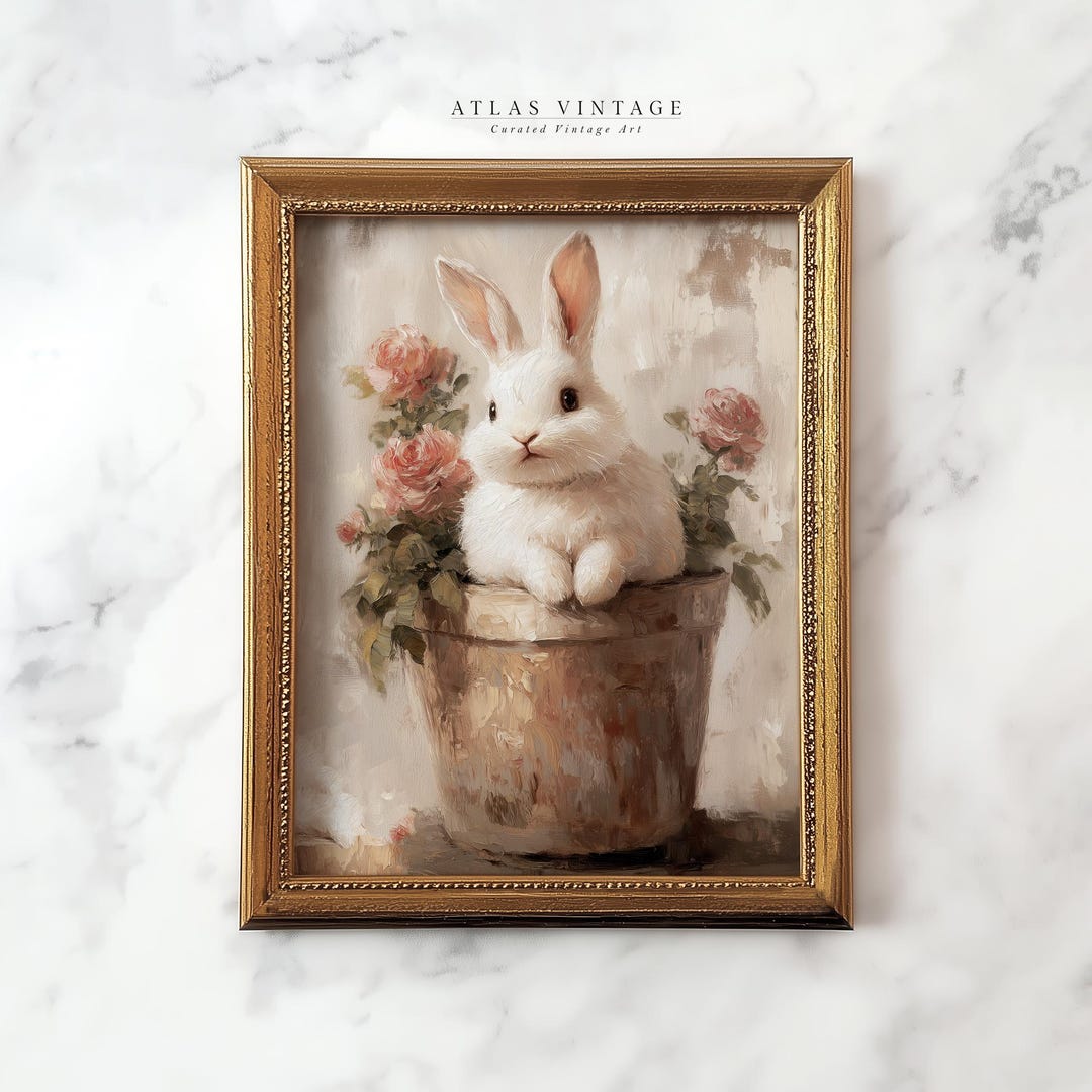 Vintage Easter Bunny Print, Floral Rabbit Painting Printable Wall Art ...