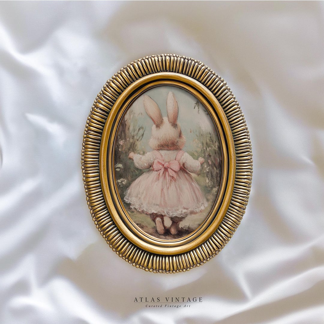 Vintage Victorian Easter Bunny Print, Rabbit in Pink Dress in Floral ...