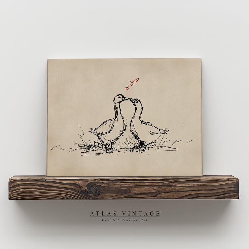 Valentine Goose Couple Ink Drawing Print, Romantic Minimalist Sketch ...
