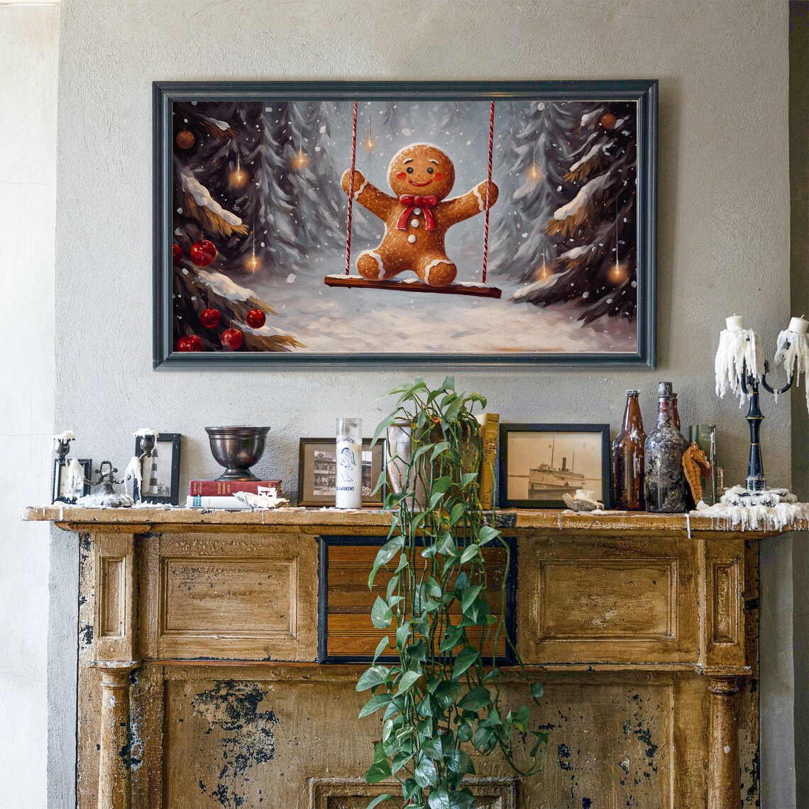 Christmas Gingerbread Man on Swing Frame Tv Art, Winter Art for Tv ...