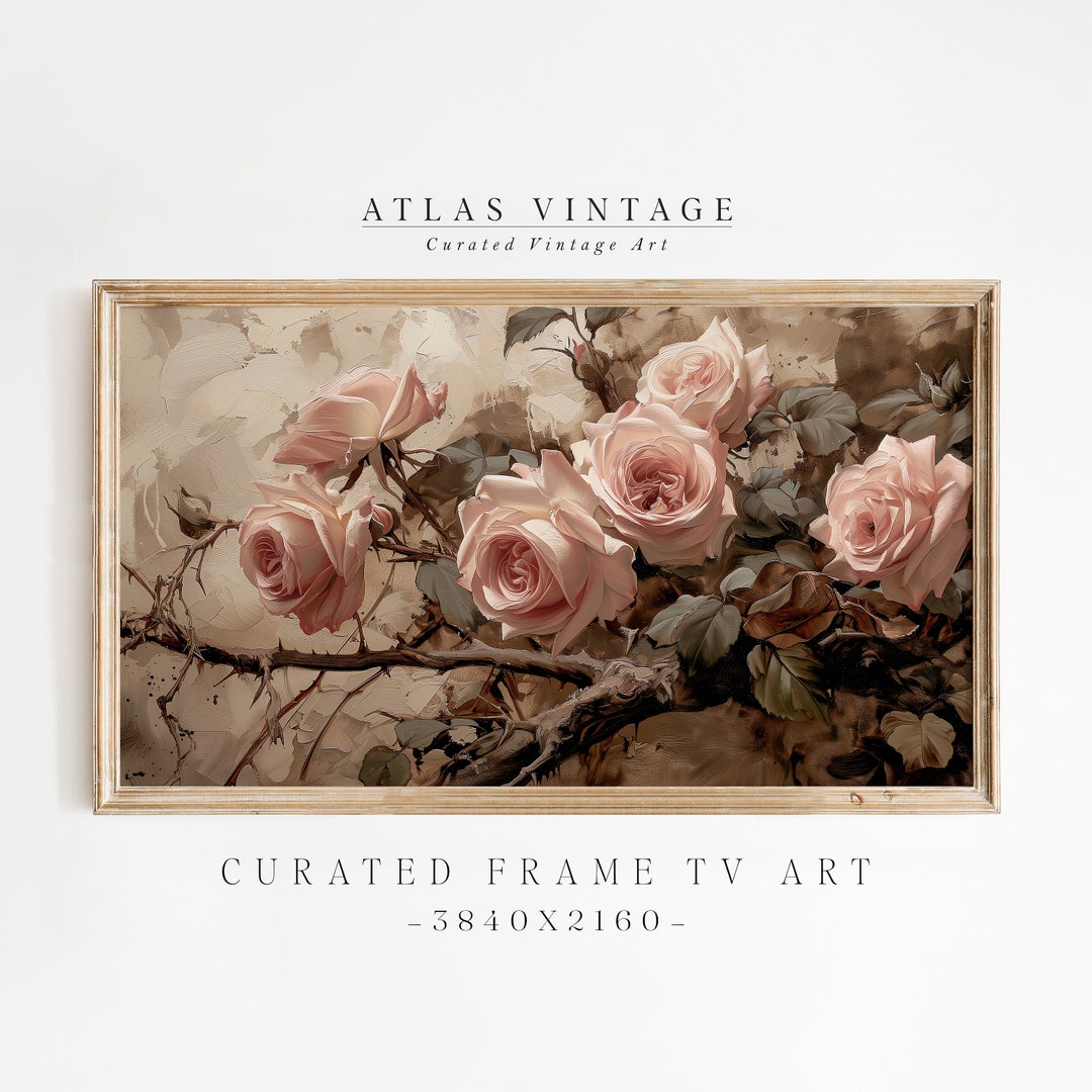 Pink Roses Flower Frame TV Art, Vintage Valentines Day Floral Painting ...
