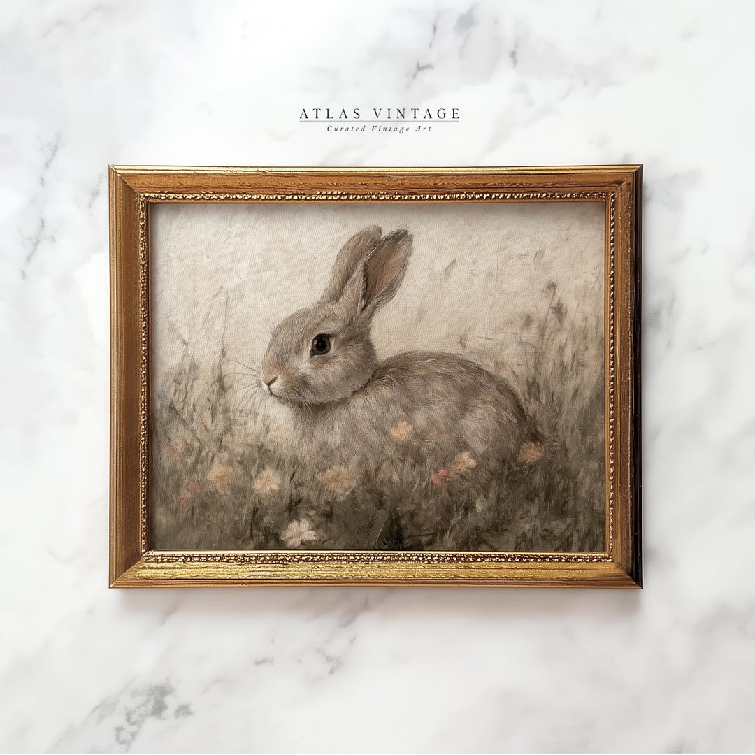 Vintage Easter Bunny Print, Muted Spring Rabbit Painting Printable Wall ...