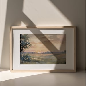Vintage Fall Sunset Print, Autumn Landscape Watercolor Painting, Muted ...
