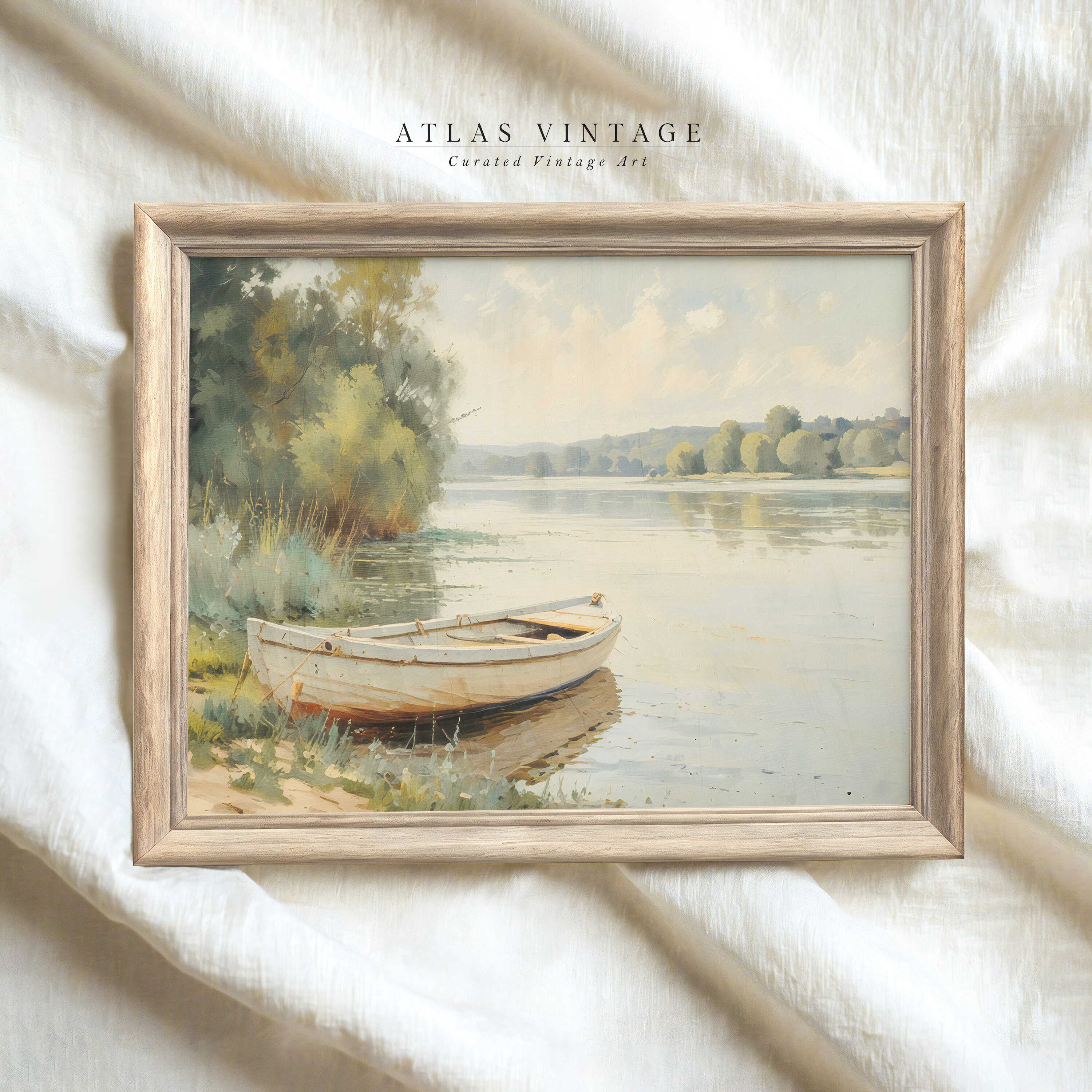 Vintage Boat Scenery Painting | Summer Lake Nautical Art (digital ...
