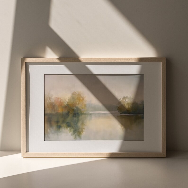 Vintage River Landscape Painting, Muted Spring Scenery (digital ...