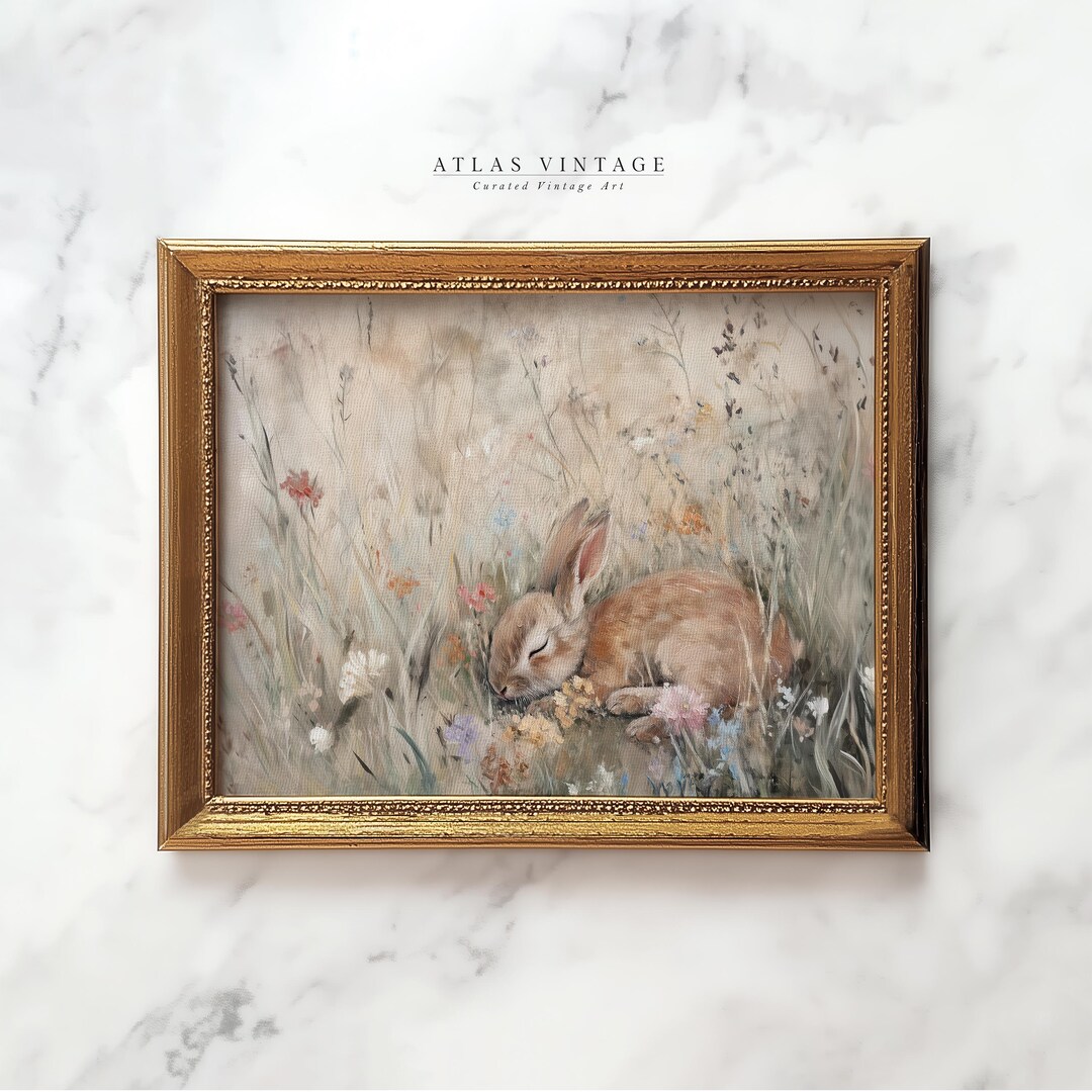 Vintage Easter Rabbit Print, Spring Woodland Nursery Decor, Wildflower ...