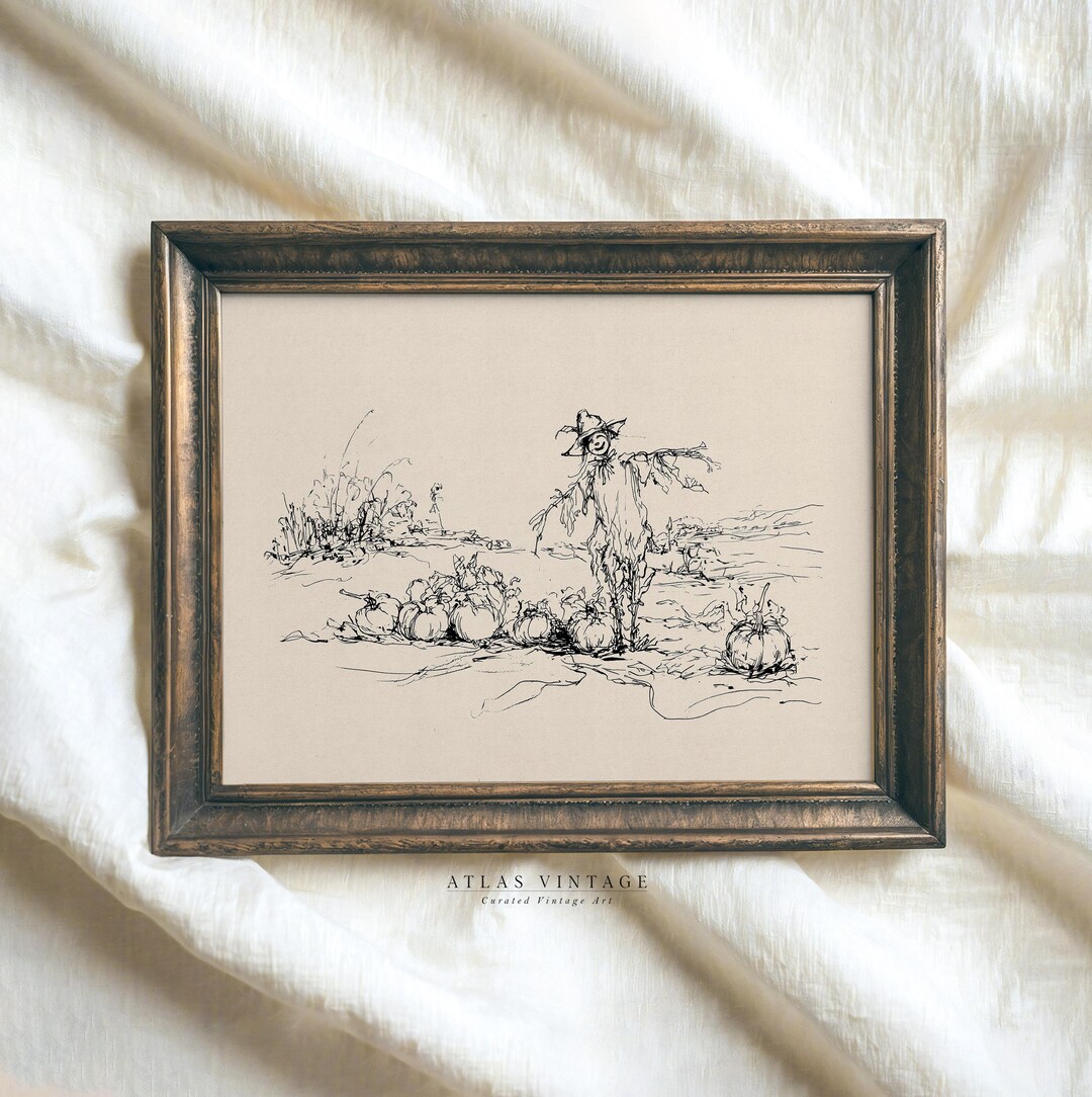Vintage Halloween Scarecrow Ink Drawing Print, Gothic Autumn Pumpkin ...