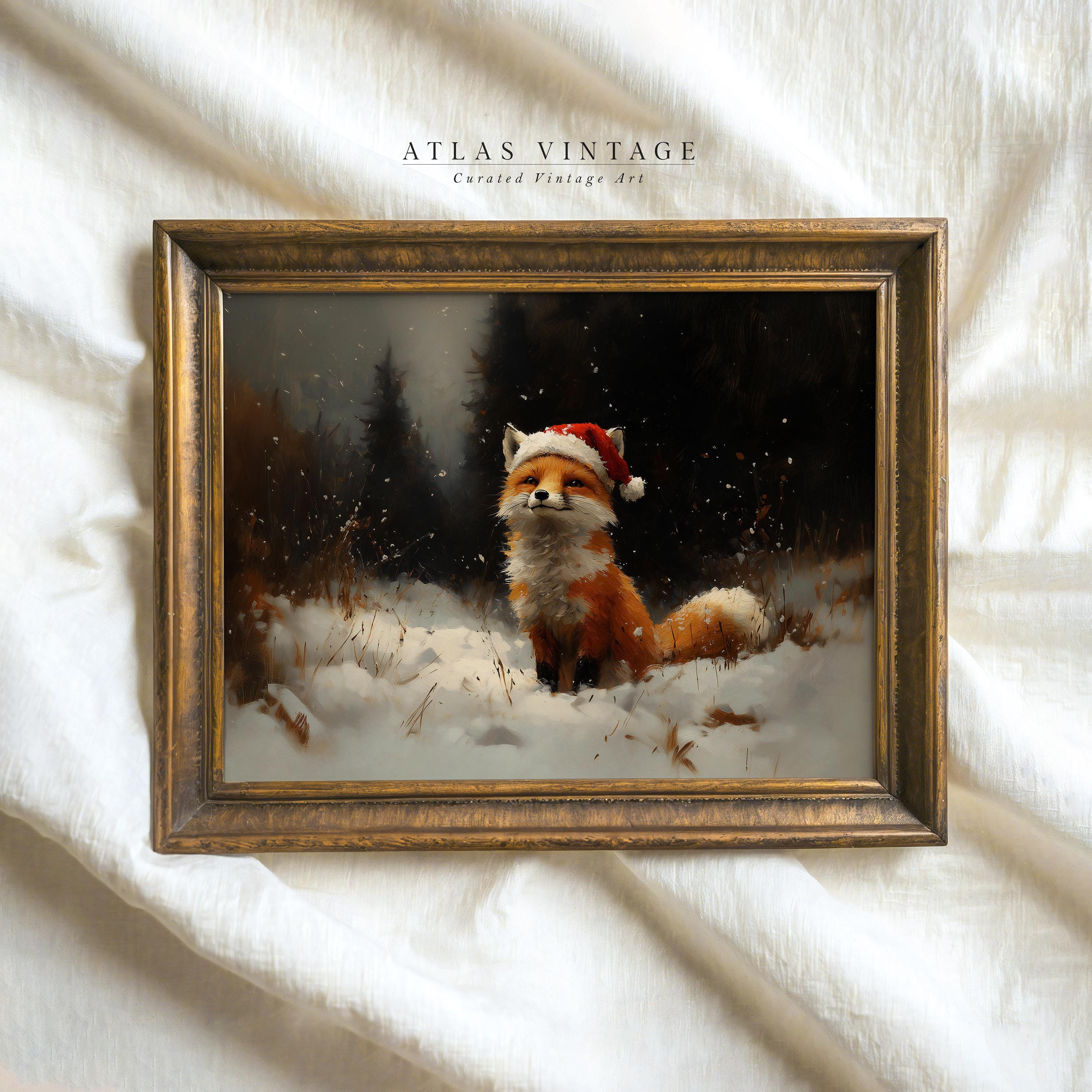 Cute Fox in Santa Hat Painting Xmas Print, Vintage Fox Oil Painting ...