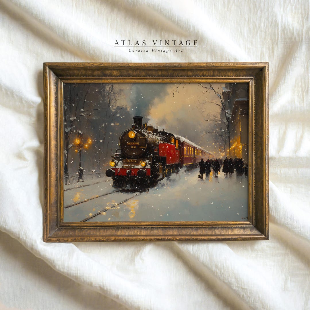 Vintage Christmas Train Print, Snowy Winter Cityscape Wall Art (digital ...