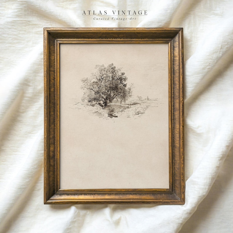 Vintage Tree Sketch Print, Antique Landscape Drawing Printable Wall Art ...