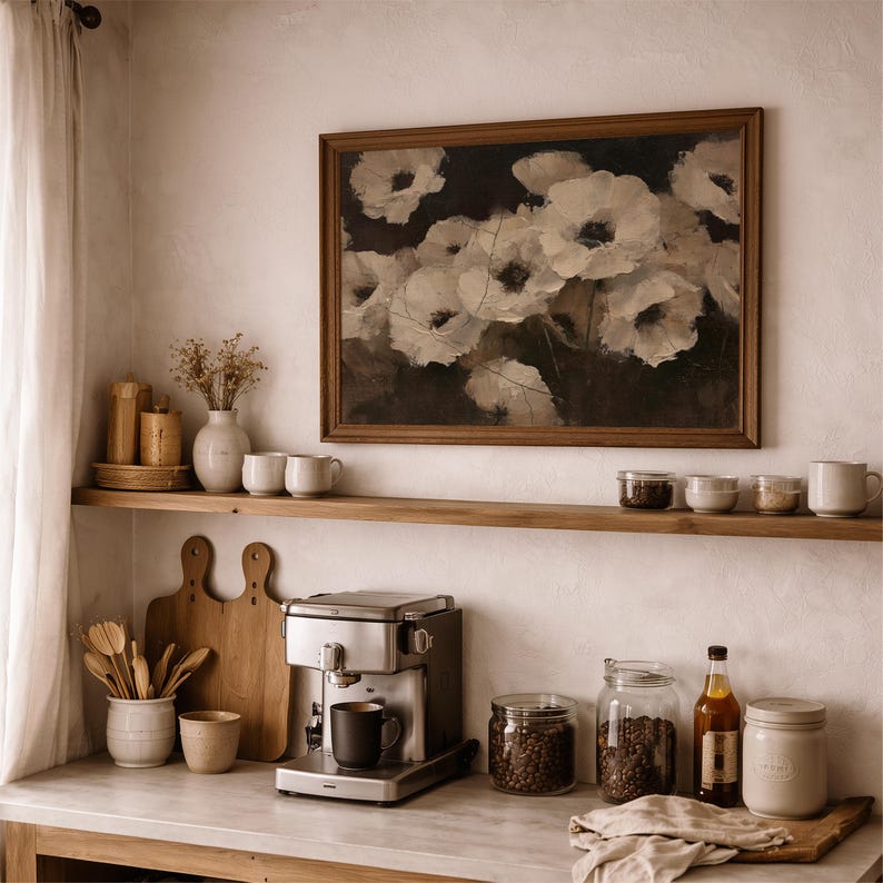 White Poppy Printable Wall Art | Dark Floral Botanical Decor: Digital ...