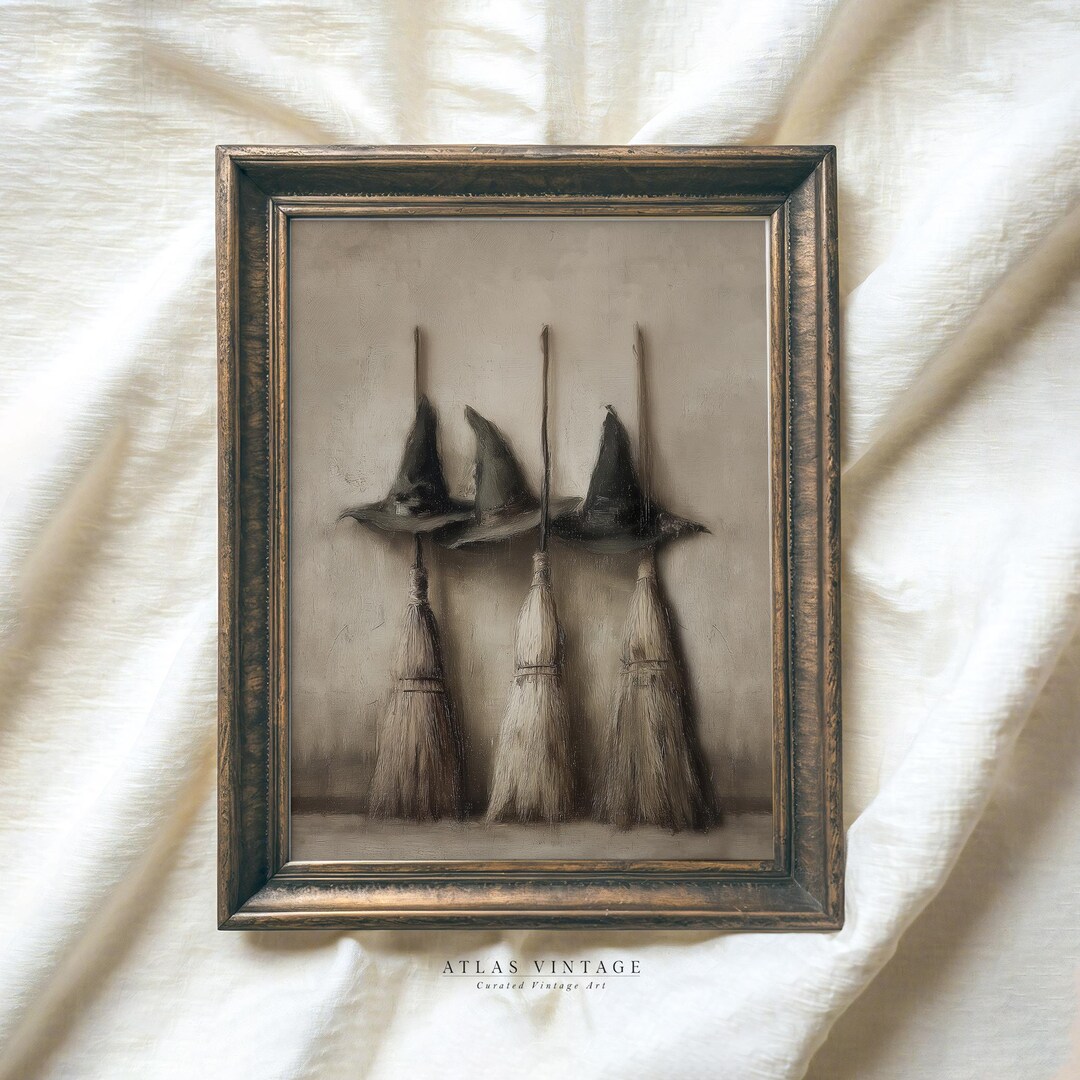 Vintage Witch Hats and Brooms Print, Gothic Halloween Decor (digital ...