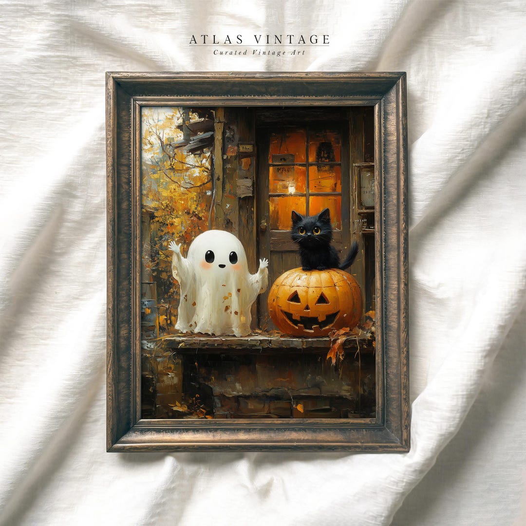Vintage Cute Ghost, Black Cat & Pumpkin Halloween Print, Spooky Ghost ...