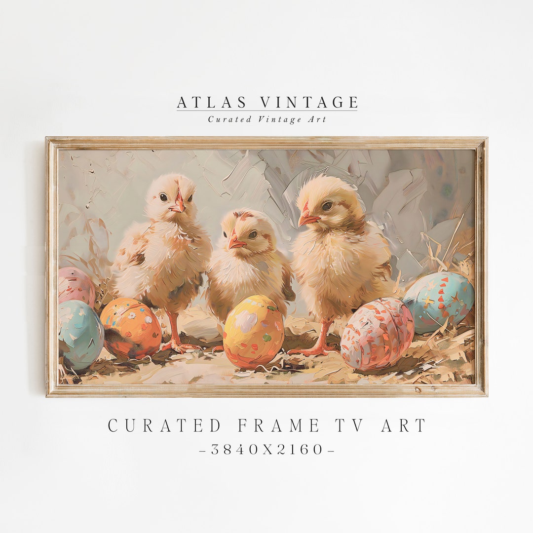 Baby Chick Among Easter Egg Frame Tv Art, Spring Chicken Painting ...
