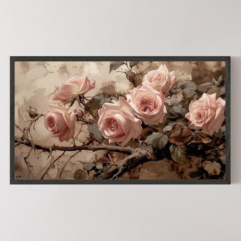 Pink Roses Flower Frame TV Art, Vintage Valentines Day Floral Painting ...