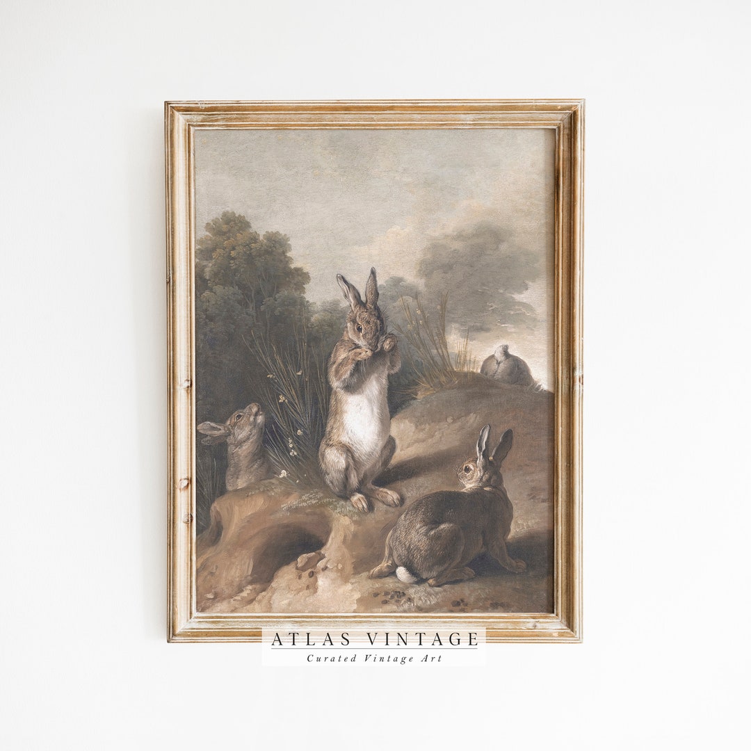 Vintage Easter Bunny Print, Antique Spring Rabbit Oil Painting, Neutral ...