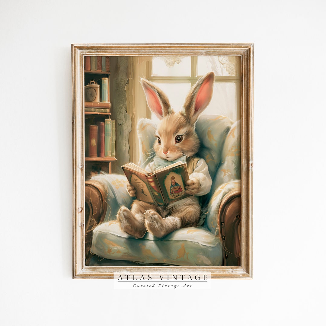 Easter Bunny Reading a Book Print, Vintage Spring Rabbit Printable Wall ...