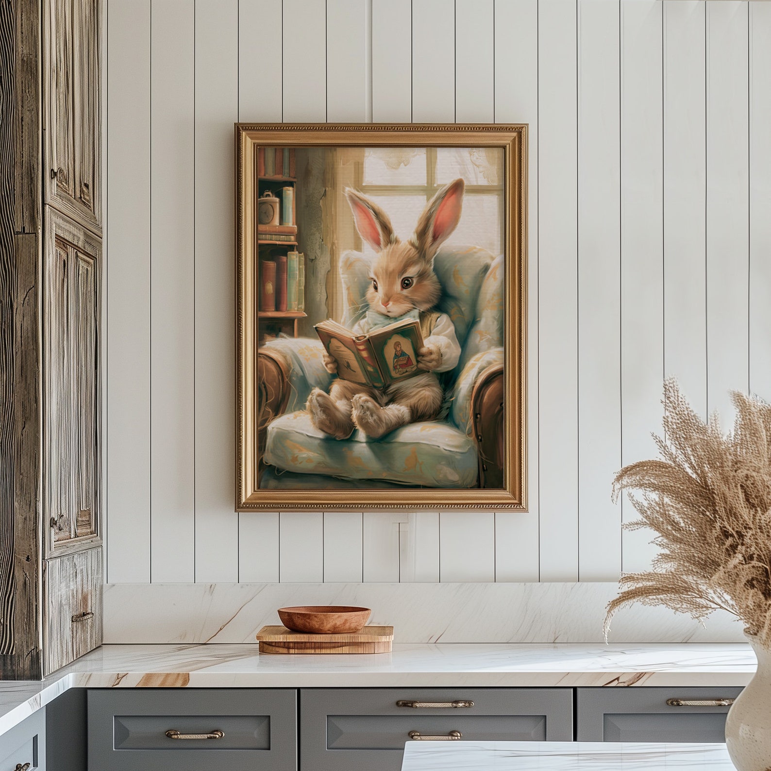 Easter Bunny Reading a Book Print, Vintage Spring Rabbit Printable Wall ...