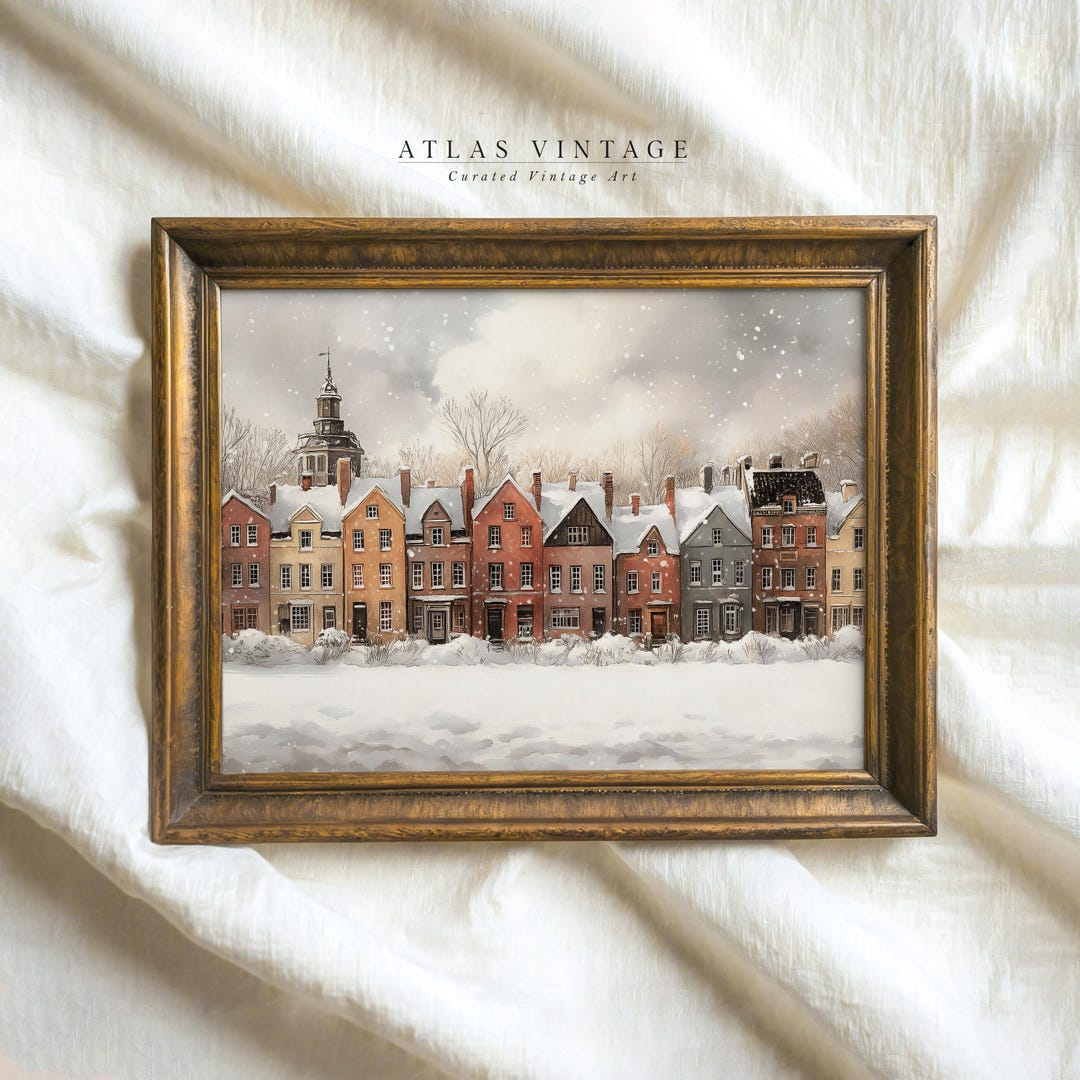 Vintage Christmas Village Print, Winter Holiday Decor, Rustic Snowy ...