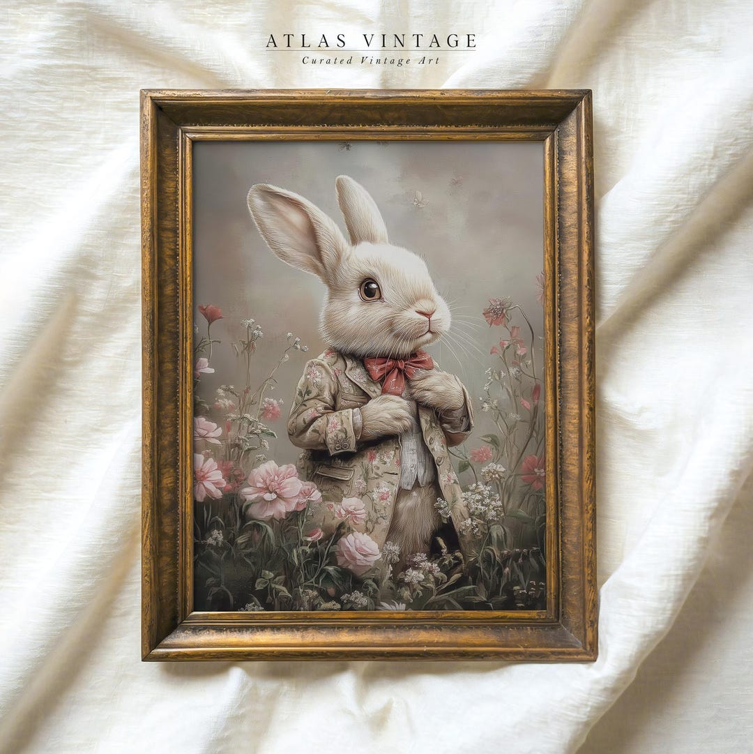 Vintage Easter Bunny Print, Muted Spring Rabbit Painting Printable Wall ...