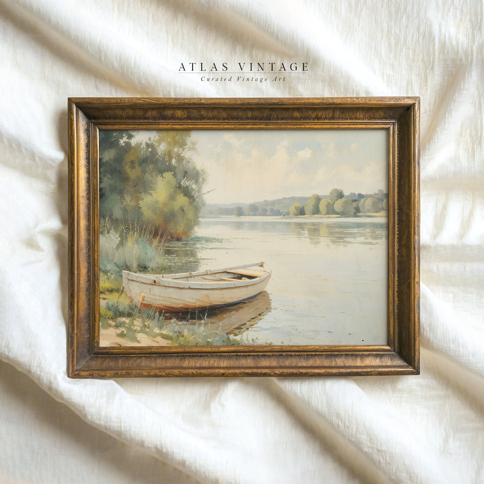 Vintage Boat Scenery Painting | Summer Lake Nautical Art (digital ...