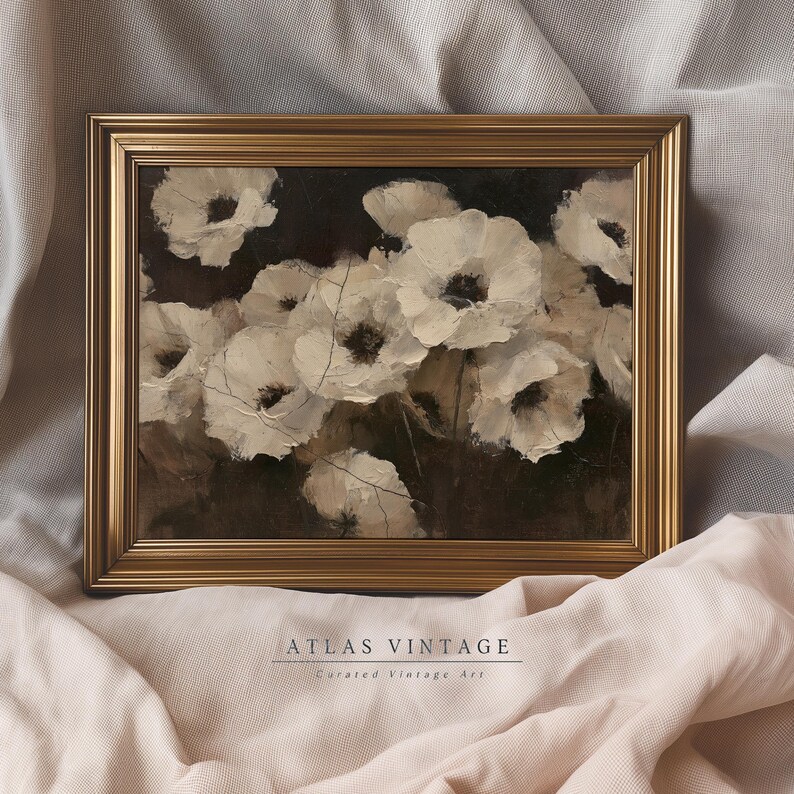 White Poppy Printable Wall Art | Dark Floral Botanical Decor: Digital ...
