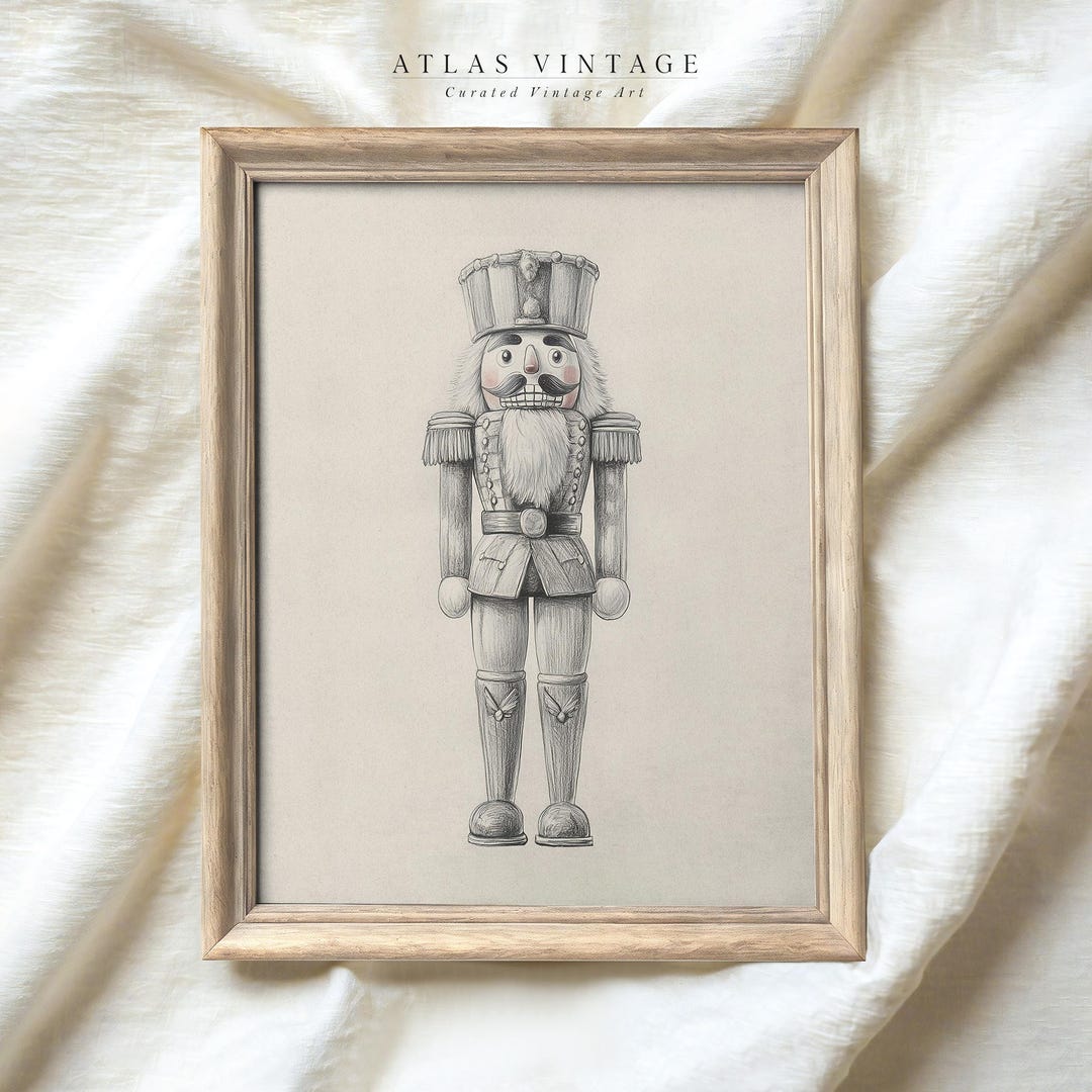 Vintage Christmas Nutcracker Drawing Print, Neutral Winter Wall Decor ...