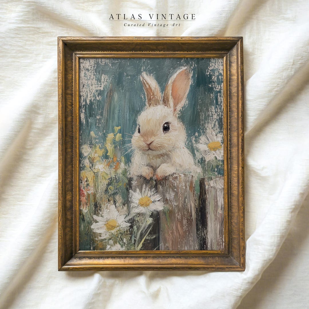 Vintage Easter Bunny Print, Spring Rabbit Painting Printable Wall Art ...