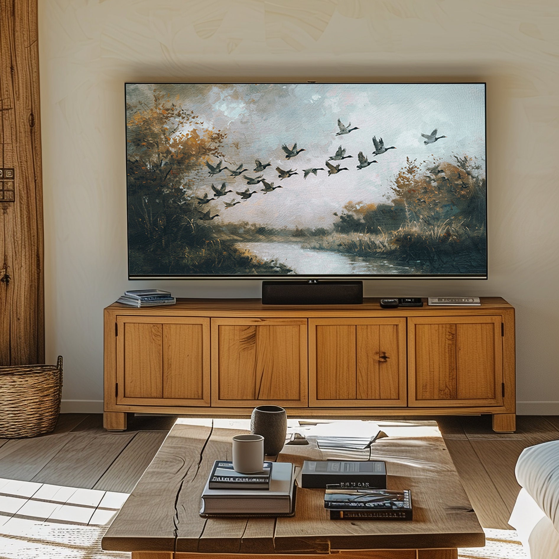Bird Flock Flying on a Lake Frame Tv Art, Vintage Style Spring ...