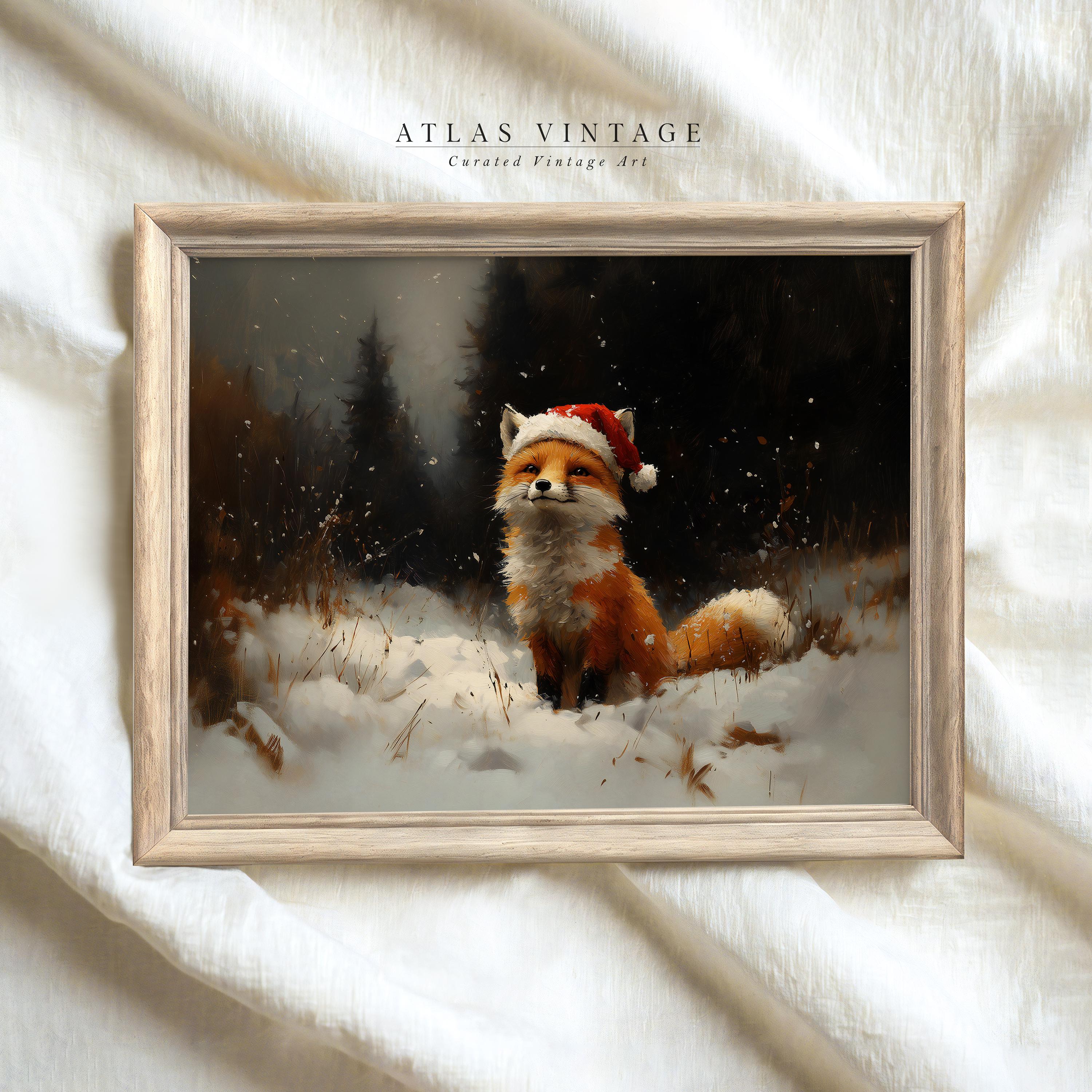 Cute Fox in Santa Hat Painting Xmas Print, Vintage Fox Oil Painting ...