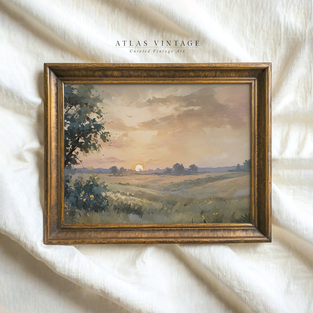 Vintage Fall Sunset Print, Autumn Landscape Watercolor Painting, Muted ...