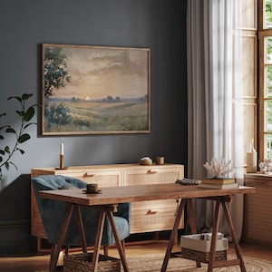 Vintage Fall Sunset Print, Autumn Landscape Watercolor Painting, Muted ...