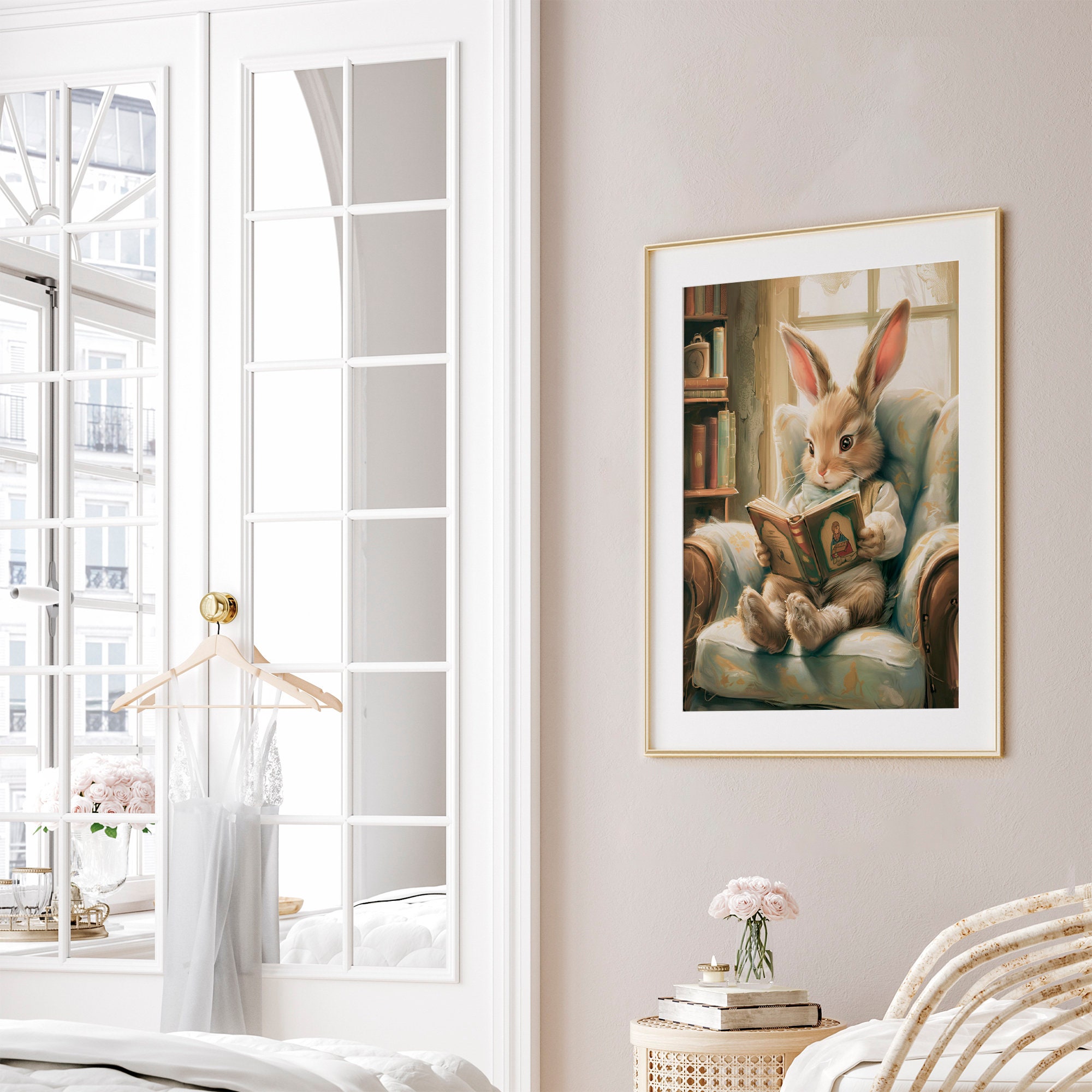 Easter Bunny Reading a Book Print, Vintage Spring Rabbit Printable Wall ...