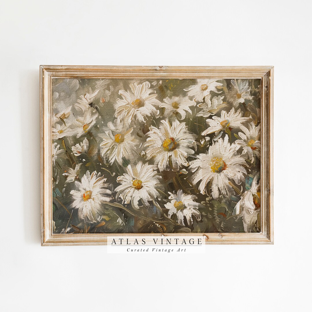 Vintage Daisy Flower Print, Rustic Earthy Green Garden Painting ...
