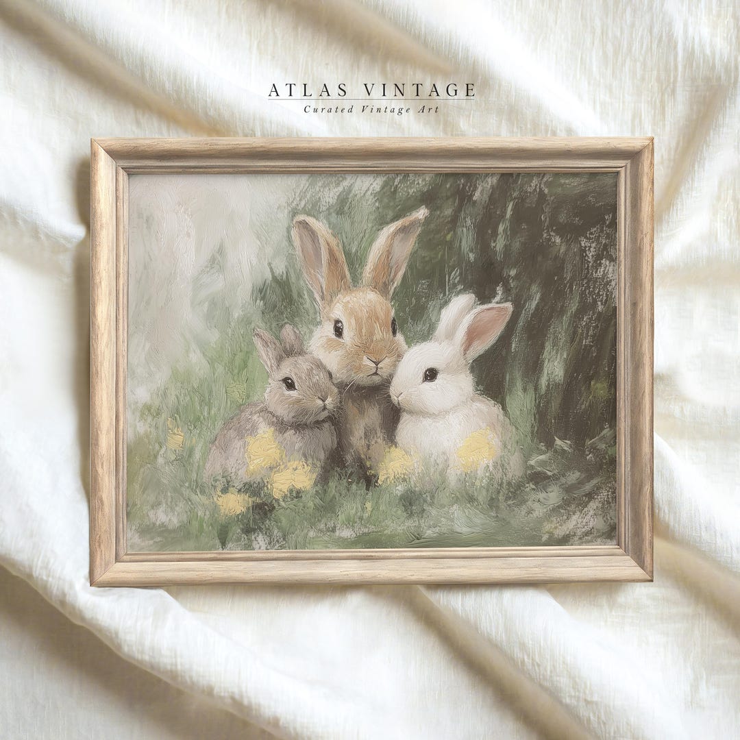 Vintage Easter Bunny Print, Muted Spring Rabbit Painting Printable Wall ...