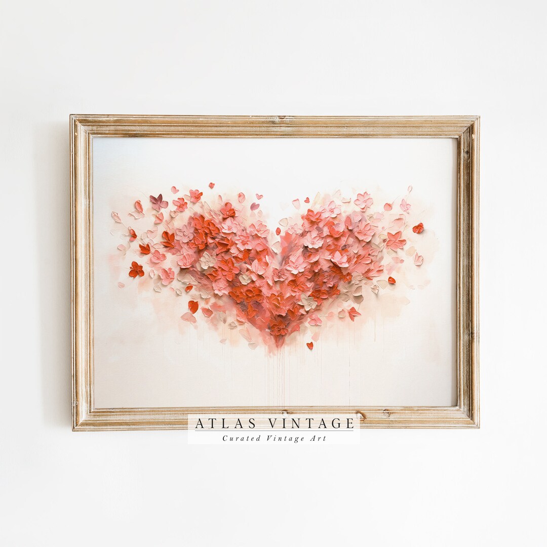 Pink Heart Valentine Day Print, Vintage Valentines Day Decor, Romantic ...
