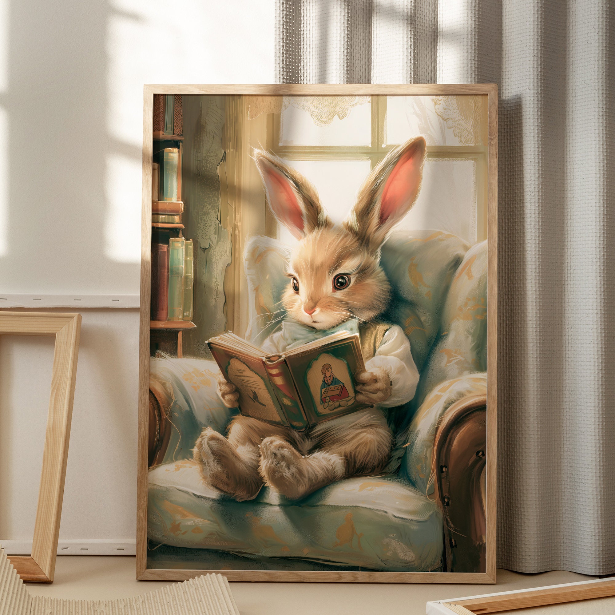 Easter Bunny Reading a Book Print, Vintage Spring Rabbit Printable Wall ...