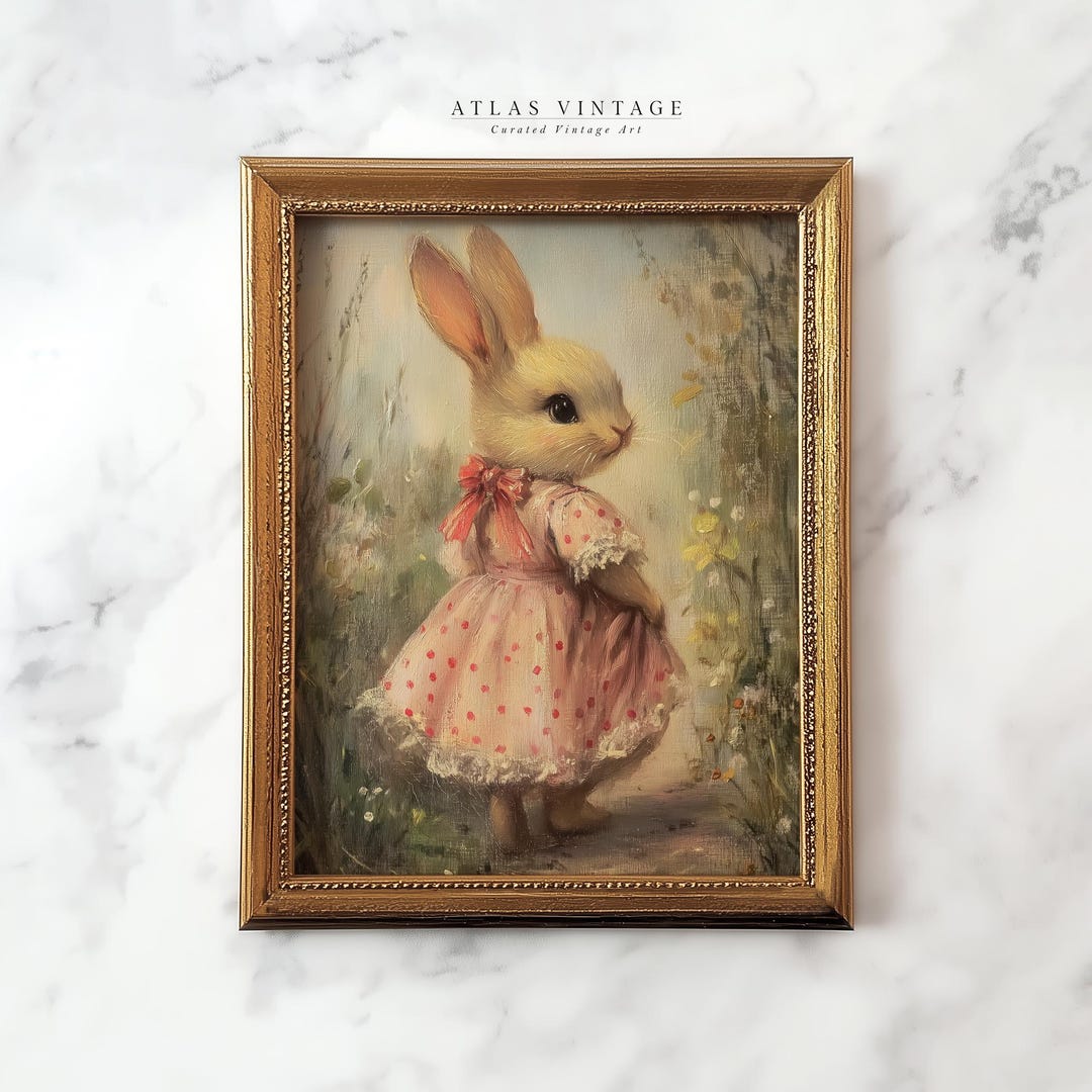 Vintage Victorian Easter Bunny Print, Rabbit in Pink Dress in Floral ...