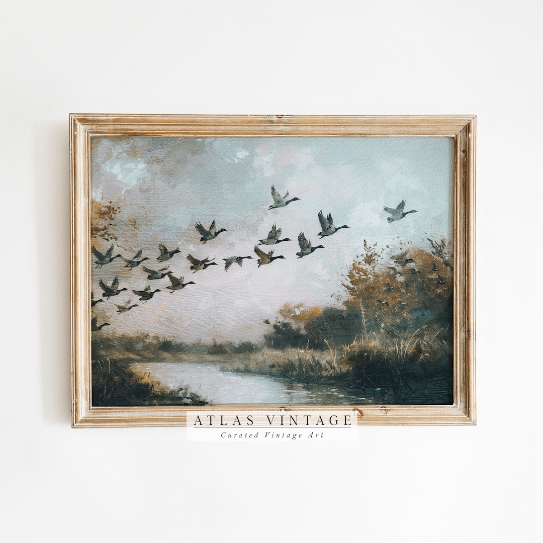 Bird Flock Flying on A Lake Print, Vintage Style Spring Landscape ...