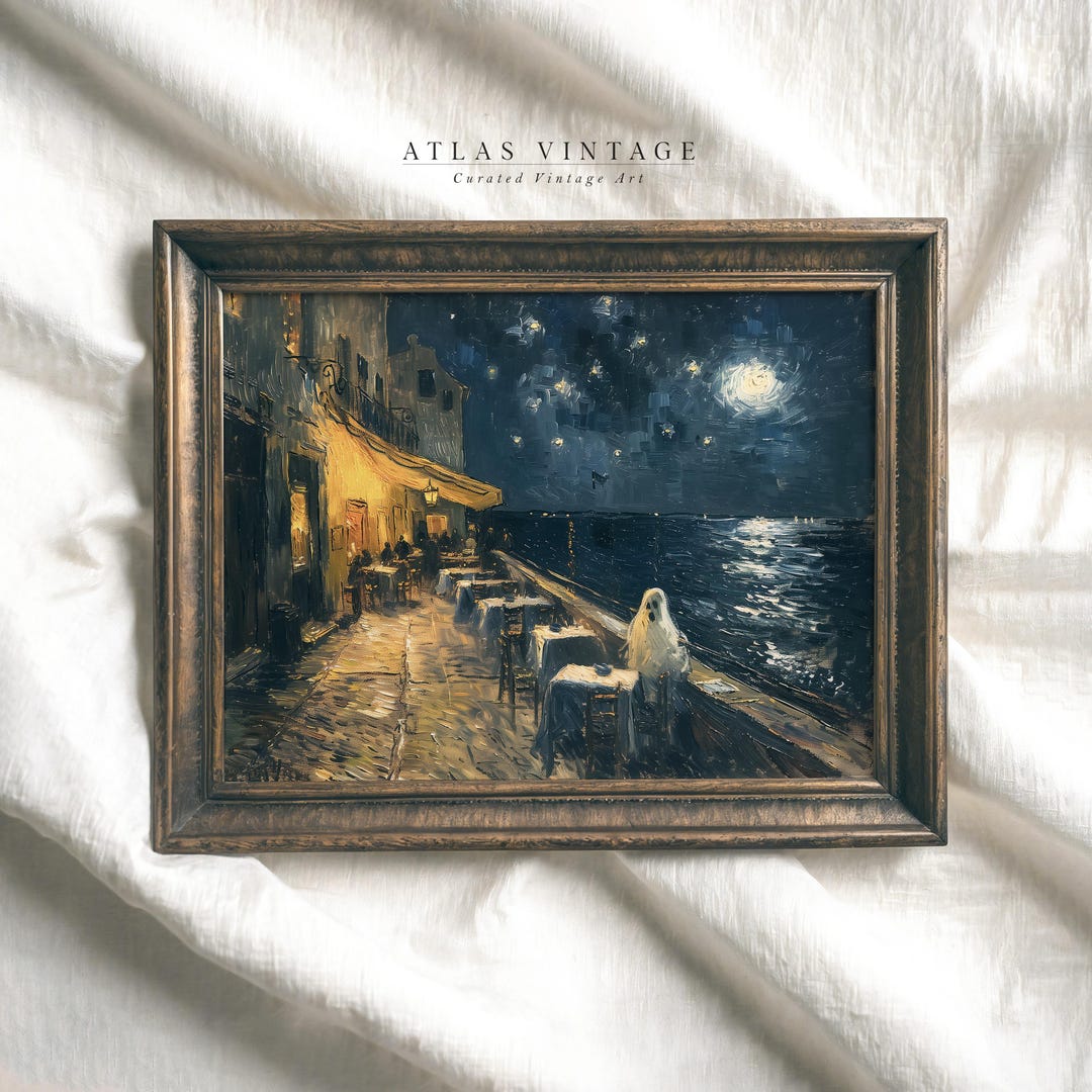 Vintage Cute Ghost in Café Terrace at Night Painting | Vincent Van Gogh ...