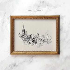 Minimalist Paris Landscape Sketch Print, B&W Cityscape Ink Line Drawing ...
