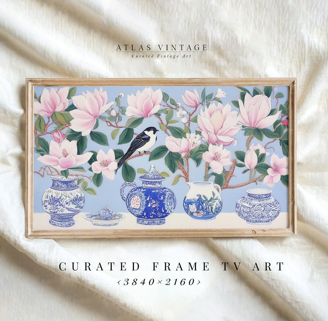 Vintage Chinoiserie Magnolia Frame TV Art, Bird and Flower (digital ...