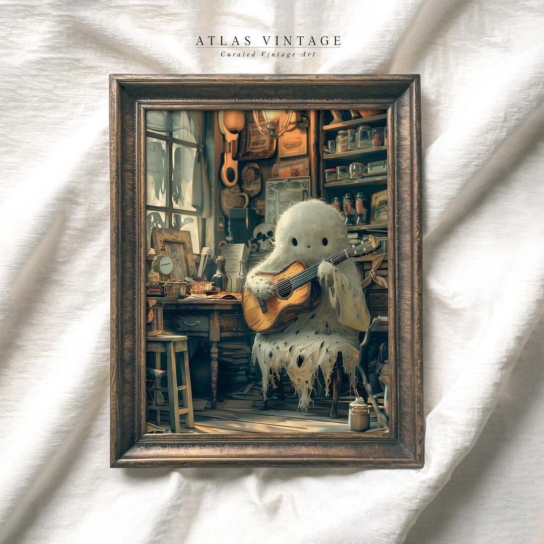 Vintage Cute Halloween Ghost Playing Guitar Print, Spooky Ghost ...