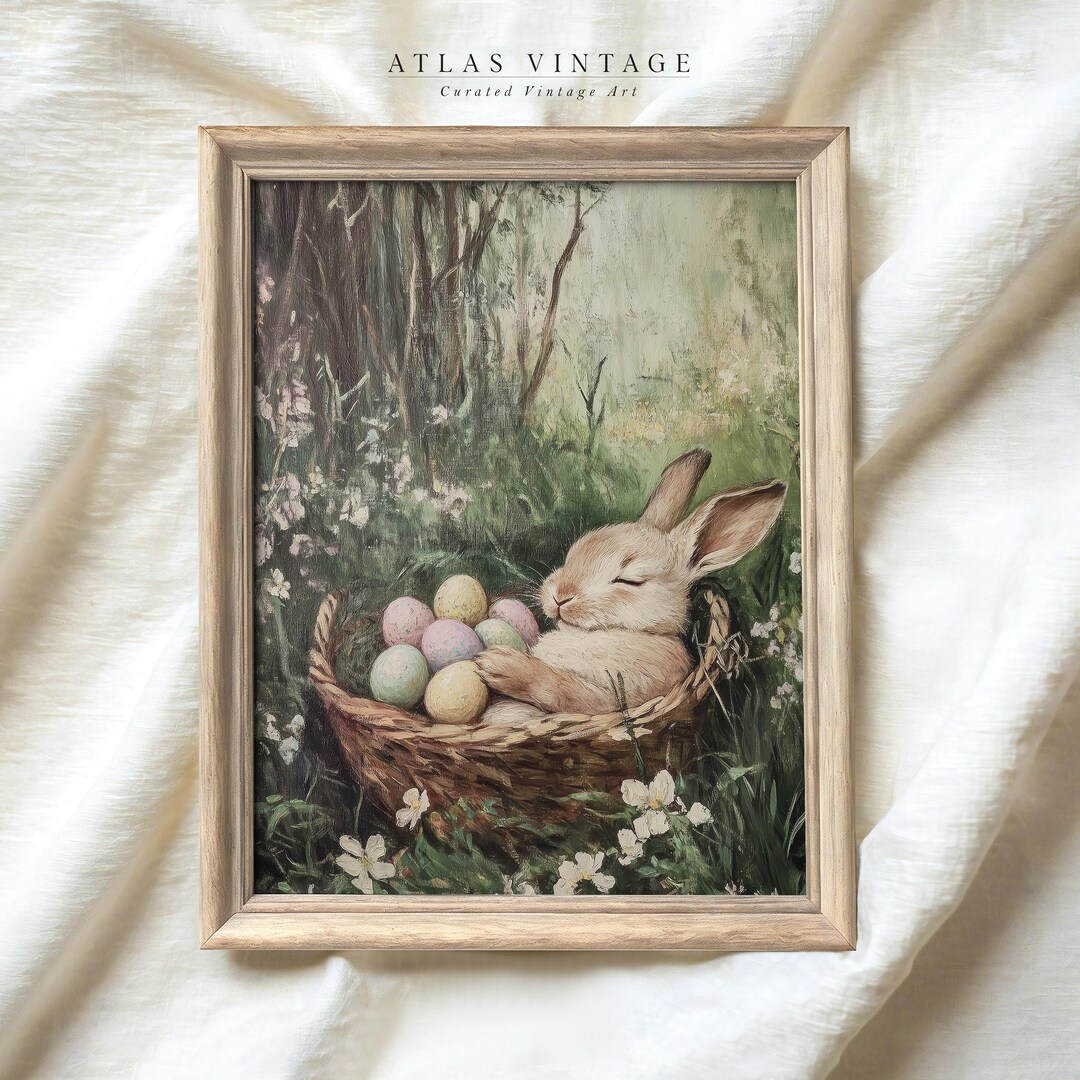 Vintage Rabbit & Easter Eggs Print, Sleeping Spring Bunny Nursery Decor ...