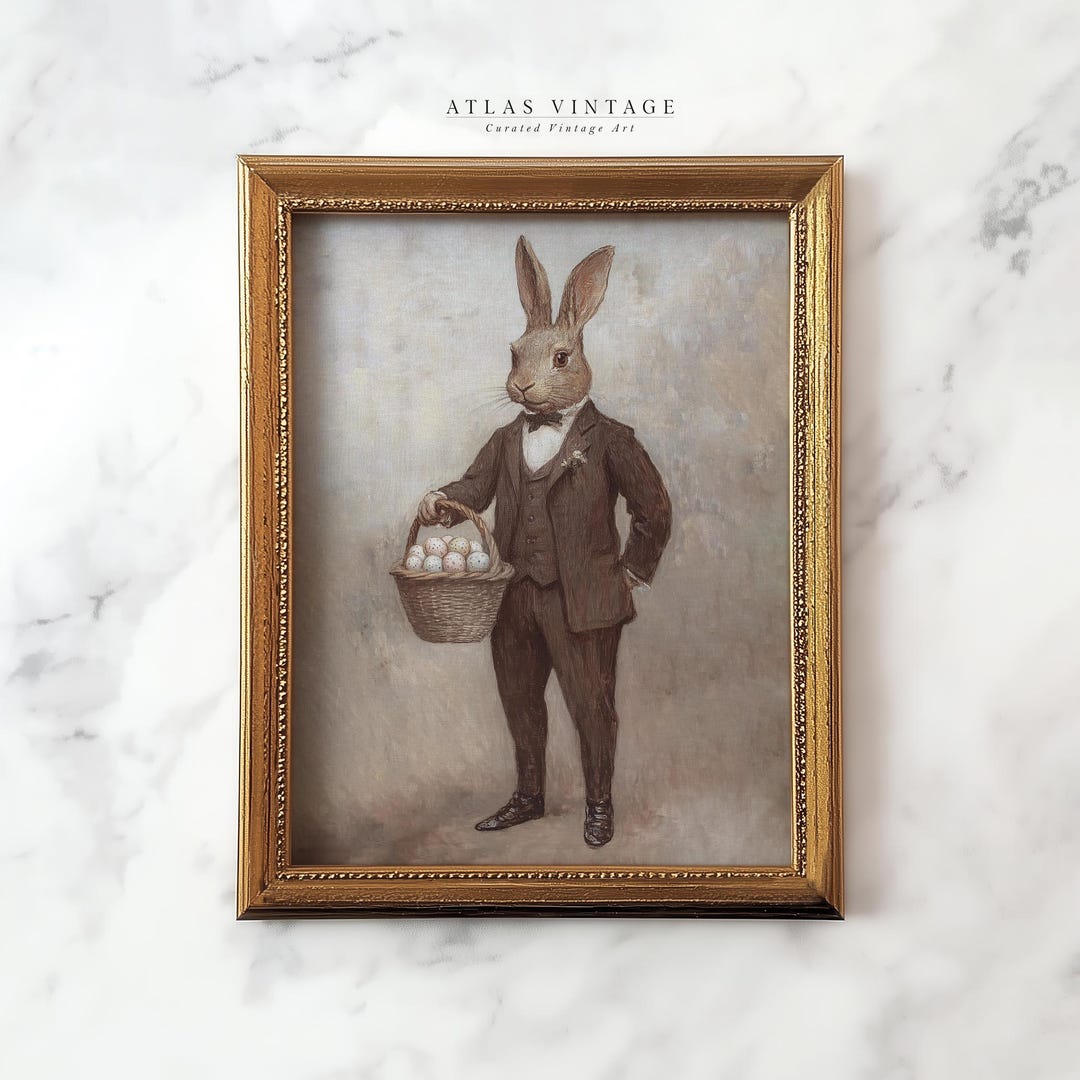 Vintage Easter Bunny Print, Elegant Rabbit in Suit With Basket of Eggs ...