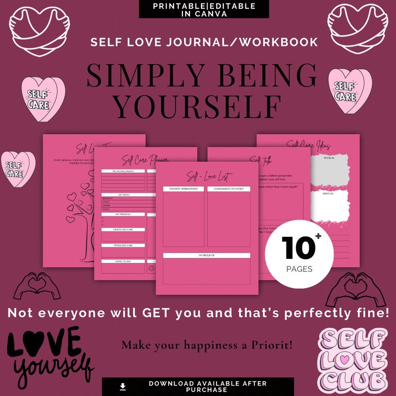 Printable Self Care Journal, Editable Self Love Template, Digital ...