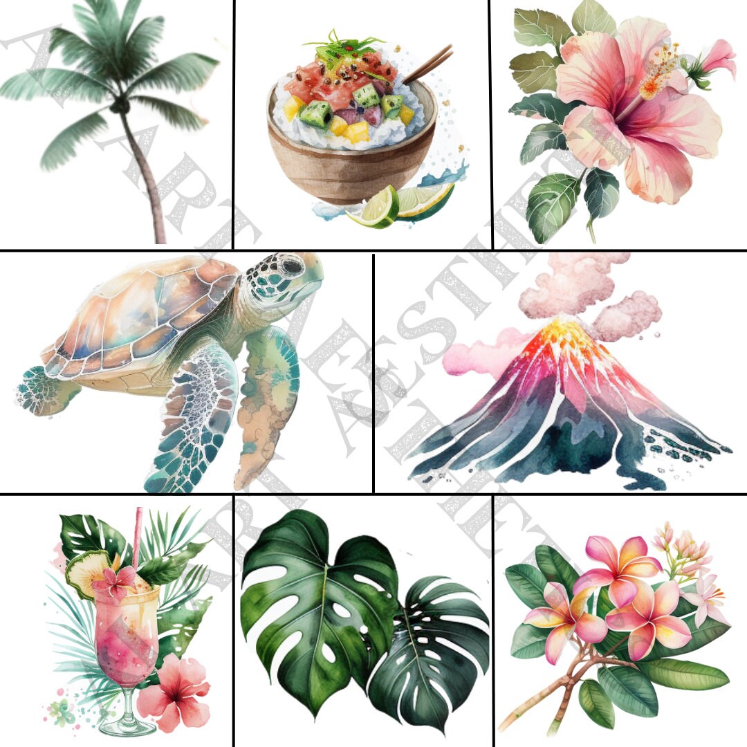 190 Watercolor Hawaii Clipart - Watercolor Tropical Island Clip Art ...