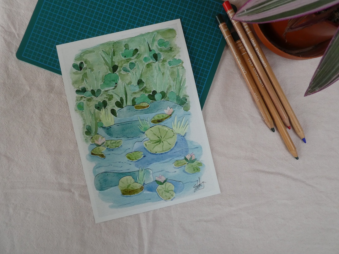 A5 Waterlilies Pond Collage Art Print Watercolour Painting Fine Art ...