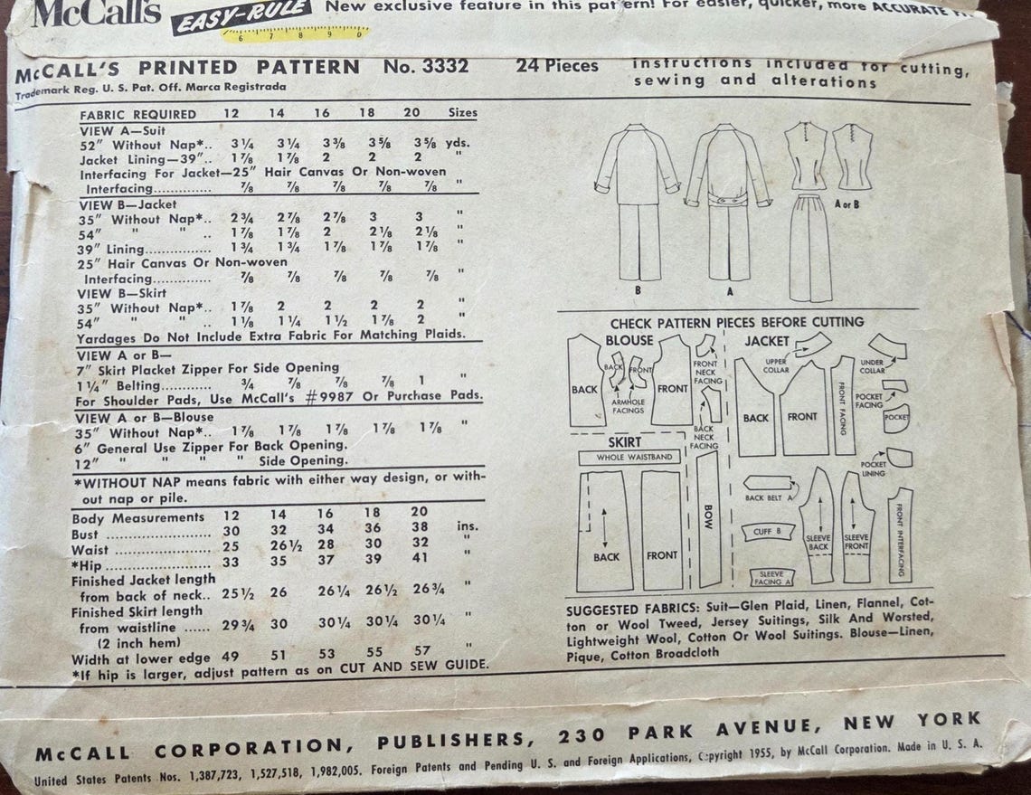 Mccall's 3332 Misses' 1950s Suit, Jacket and Skirt Bust 34 " Size 16 ...
