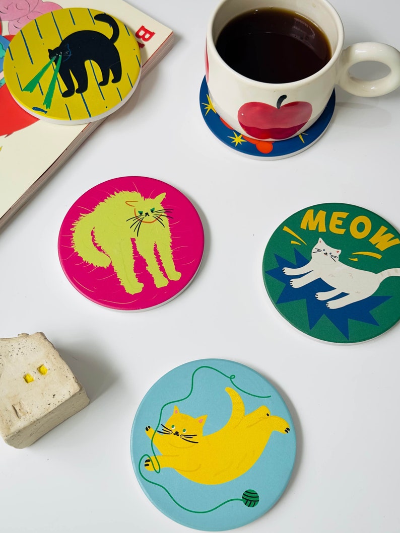 DROPSTRIO - Set of 4 - Colorful Cat Ceramic Coaster Set W. Protective ...